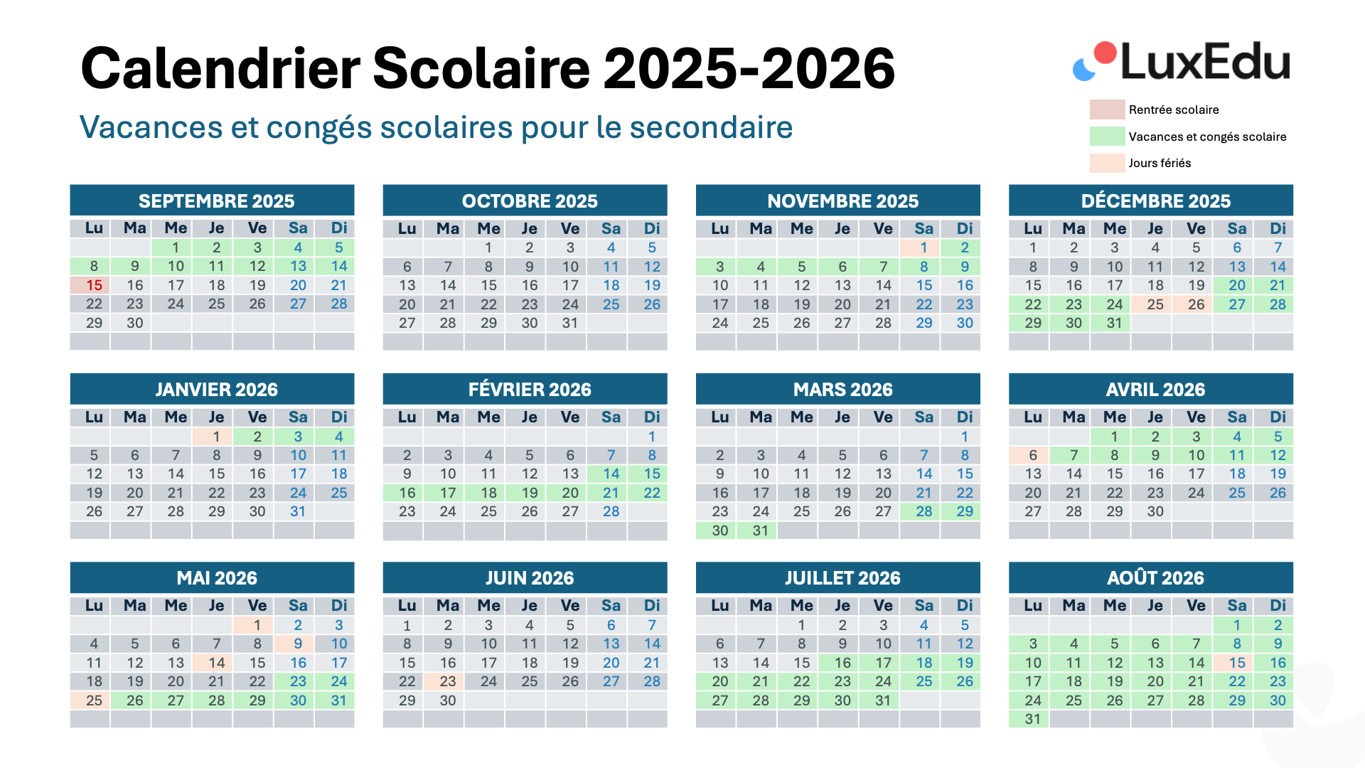 Vacances scolaires 2025-2026 Luxembourg